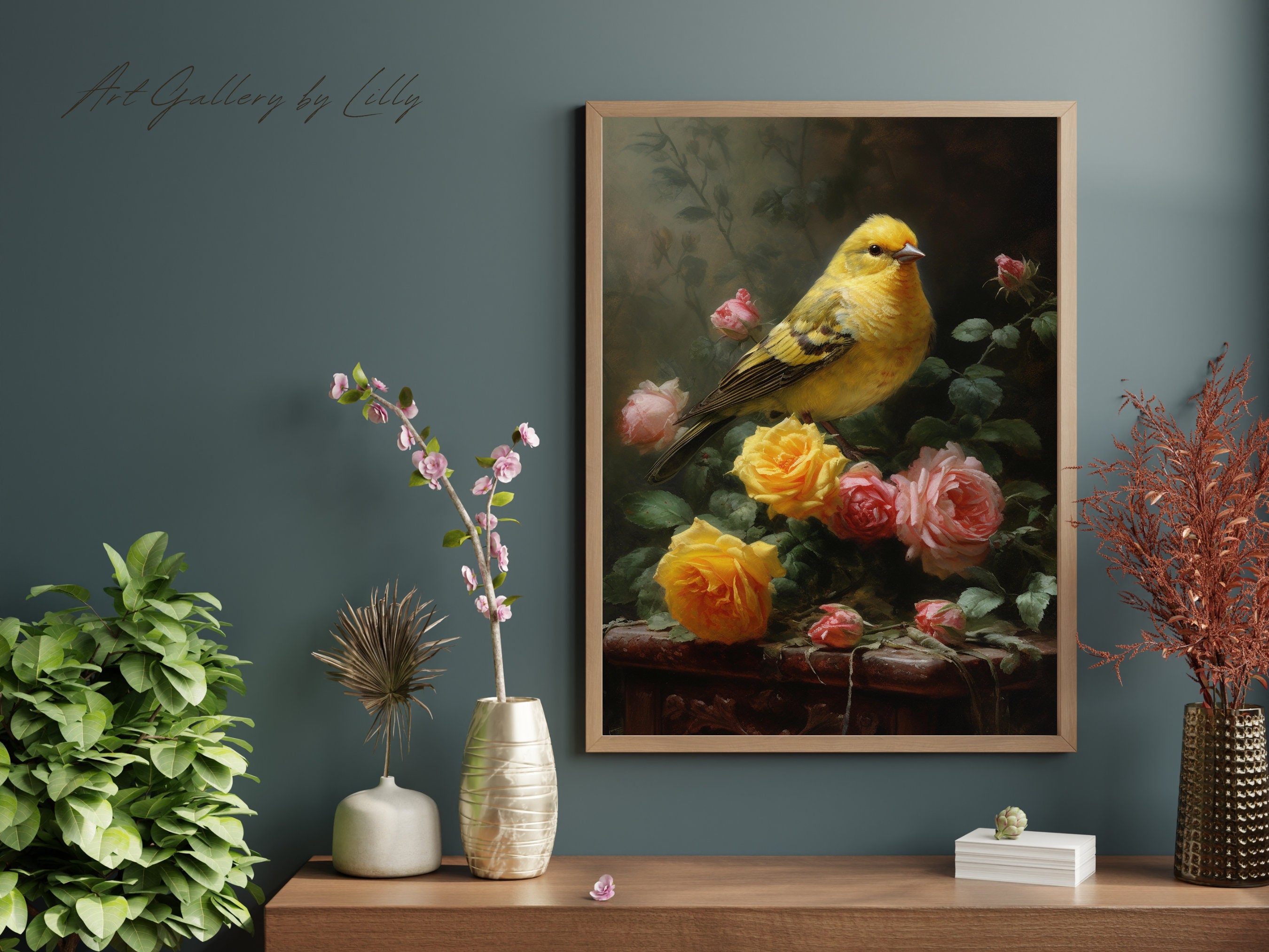 Victorian Baroque Bird Art Printable Yellow Bird on Rose Bush ...