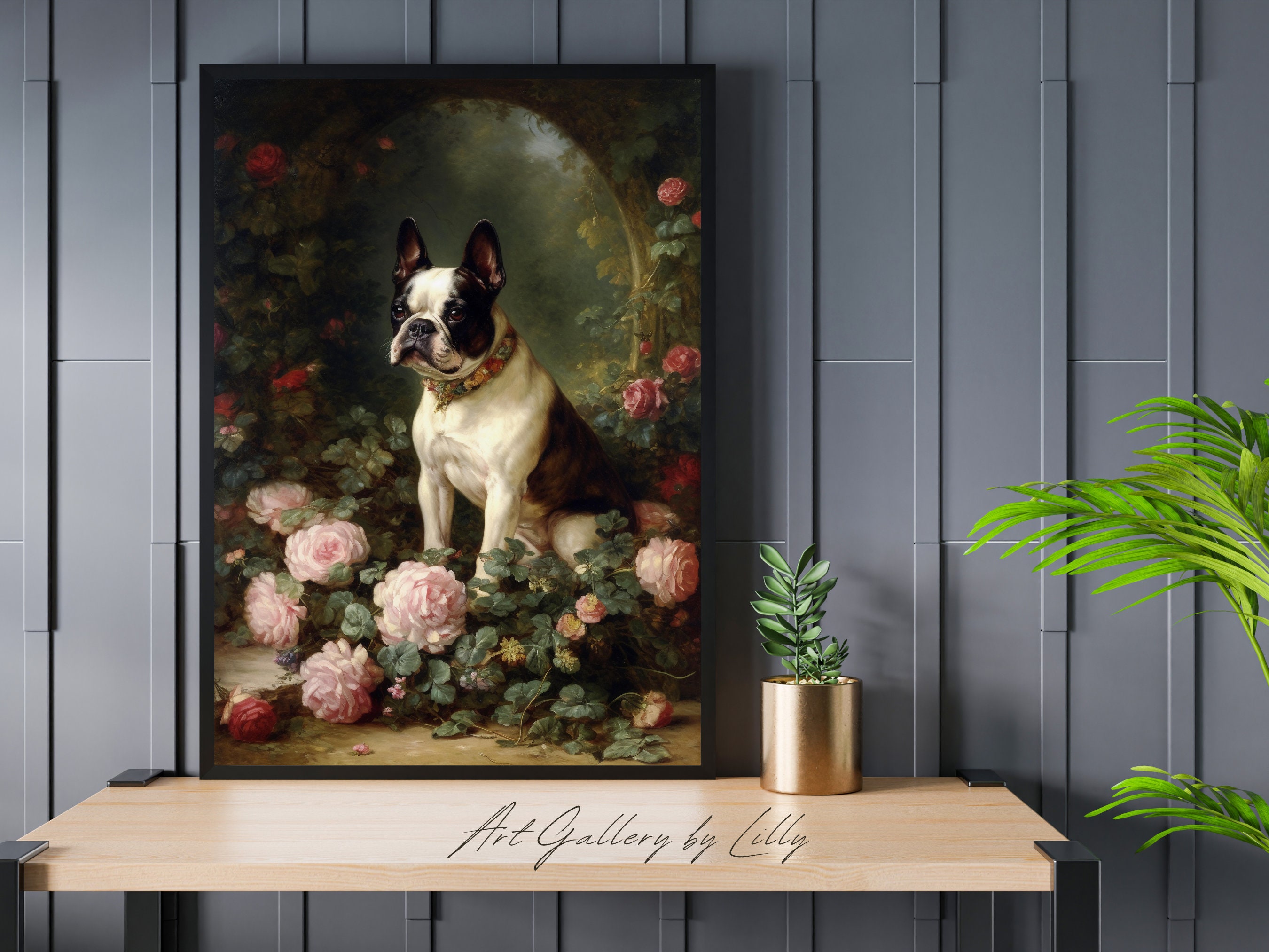 Victorian Dog Oil Painting Printable Boston Terrier Art Vintage Floral ...