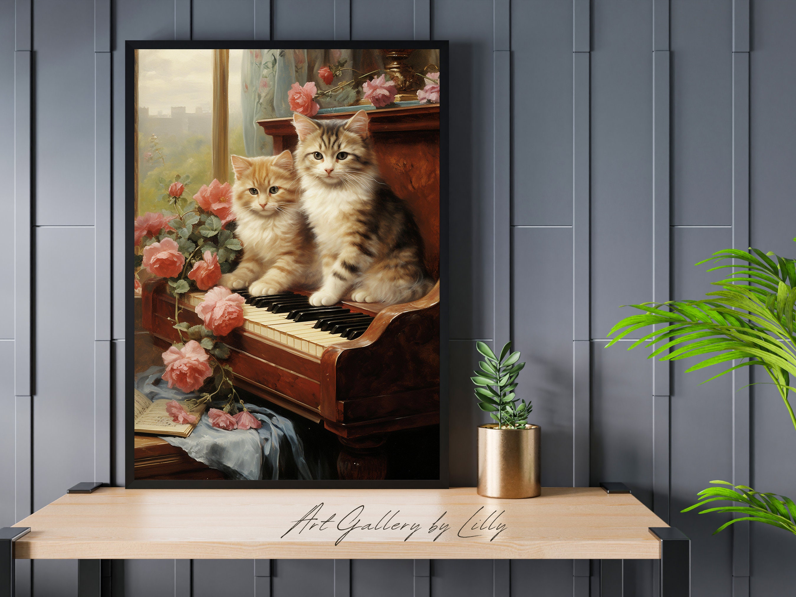 Renaissance Cat Printable Vintage Feline Art Classical Piano Decor Oil ...