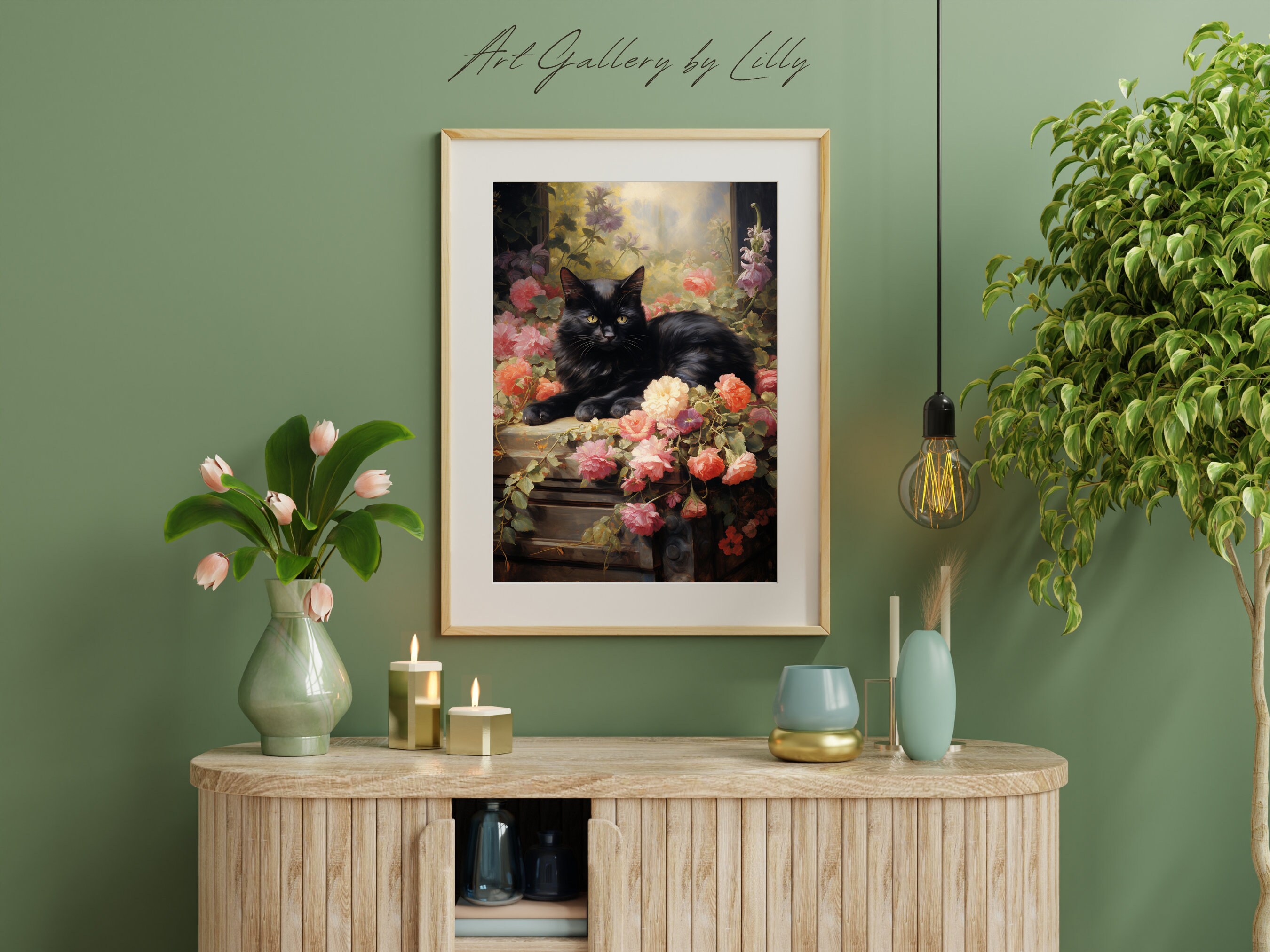 Renaissance Black Cat Artwork Vintage Floral Scene Classic Wall Decor ...