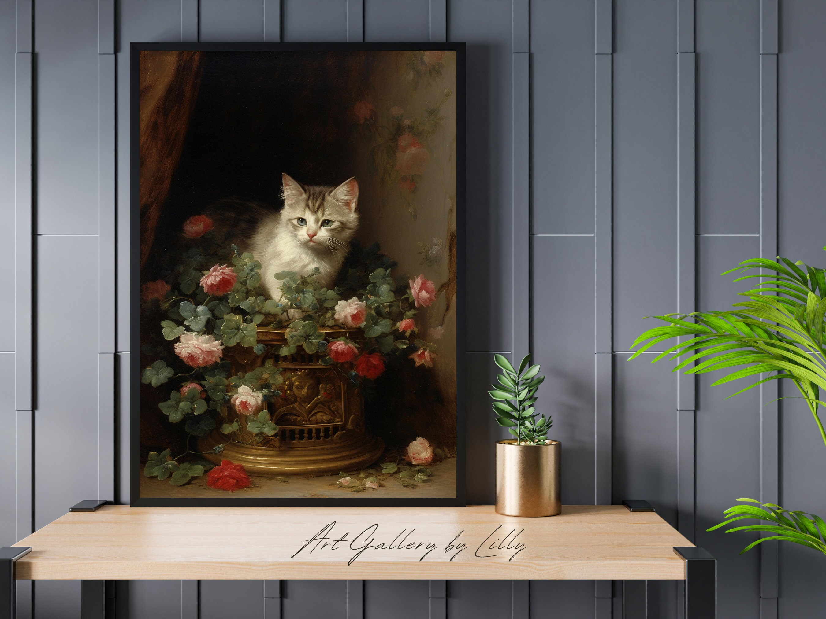 Victorian Cat Printable Antique Cat Art Floral Oil Painting Digital ...