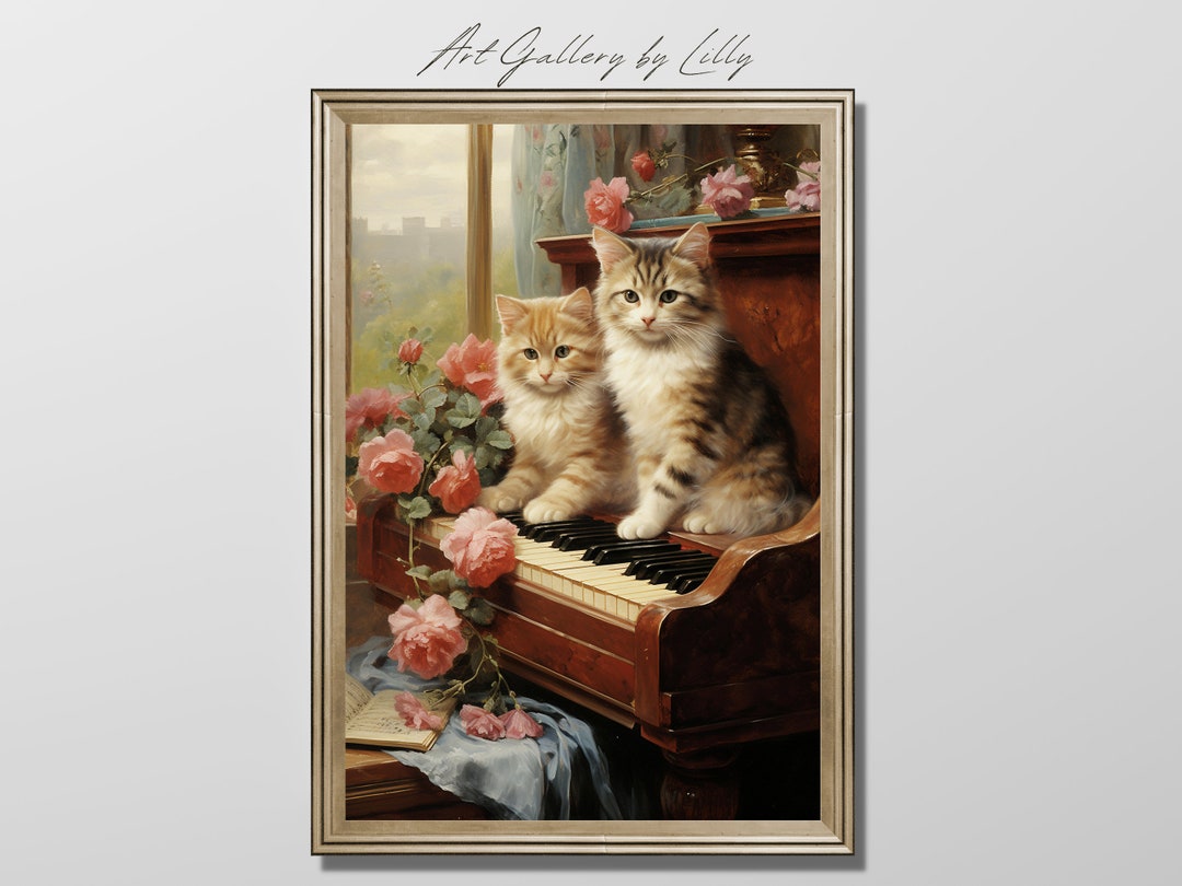 Renaissance Cat Printable Vintage Feline Art Classical Piano Decor Oil ...