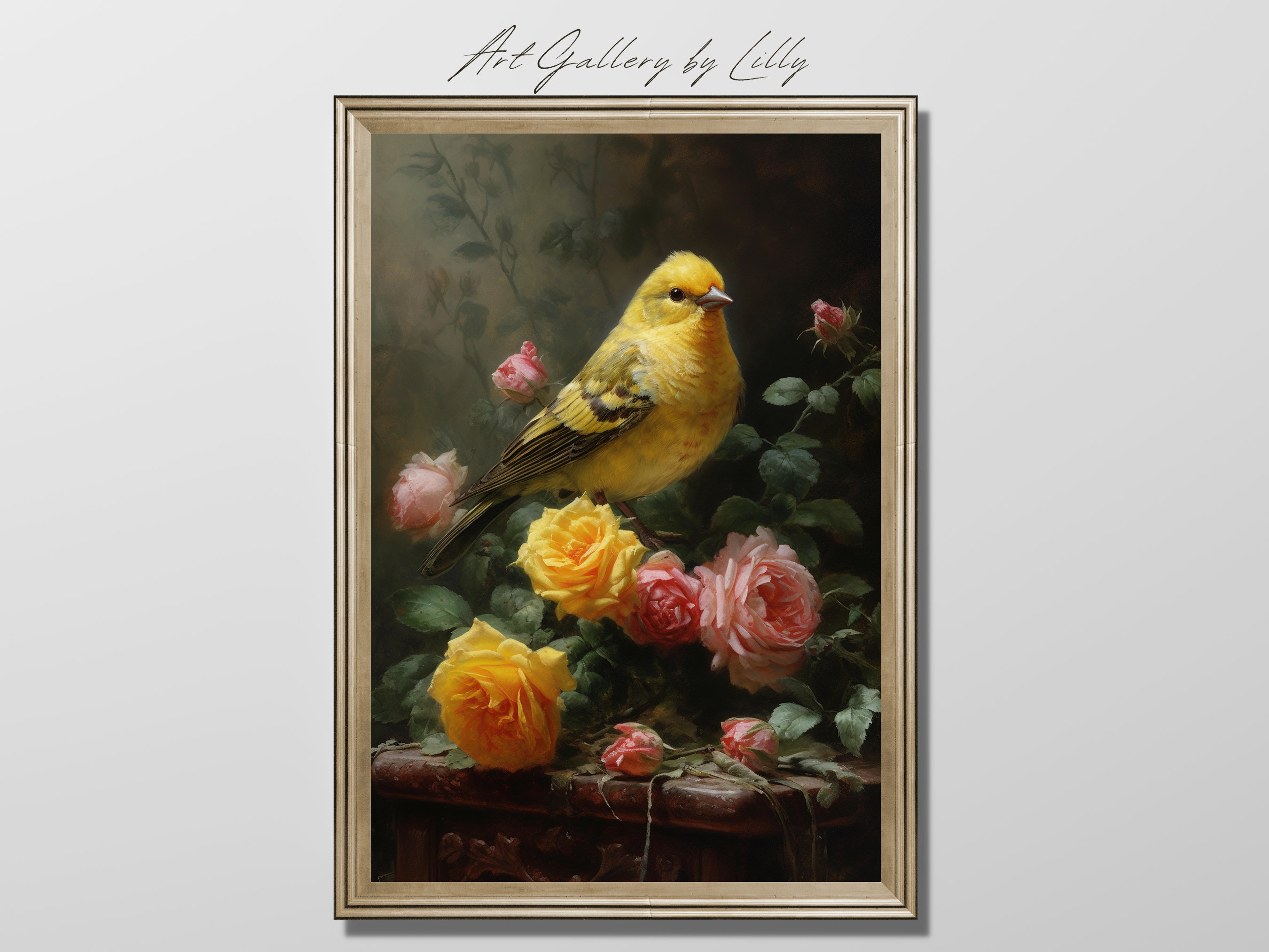 Victorian Baroque Bird Art Printable Yellow Bird on Rose Bush ...