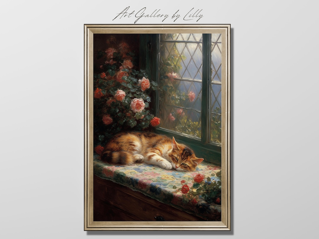 Victorian Cat Art Printable Vintage Oil Painting Calico Cat Resting ...