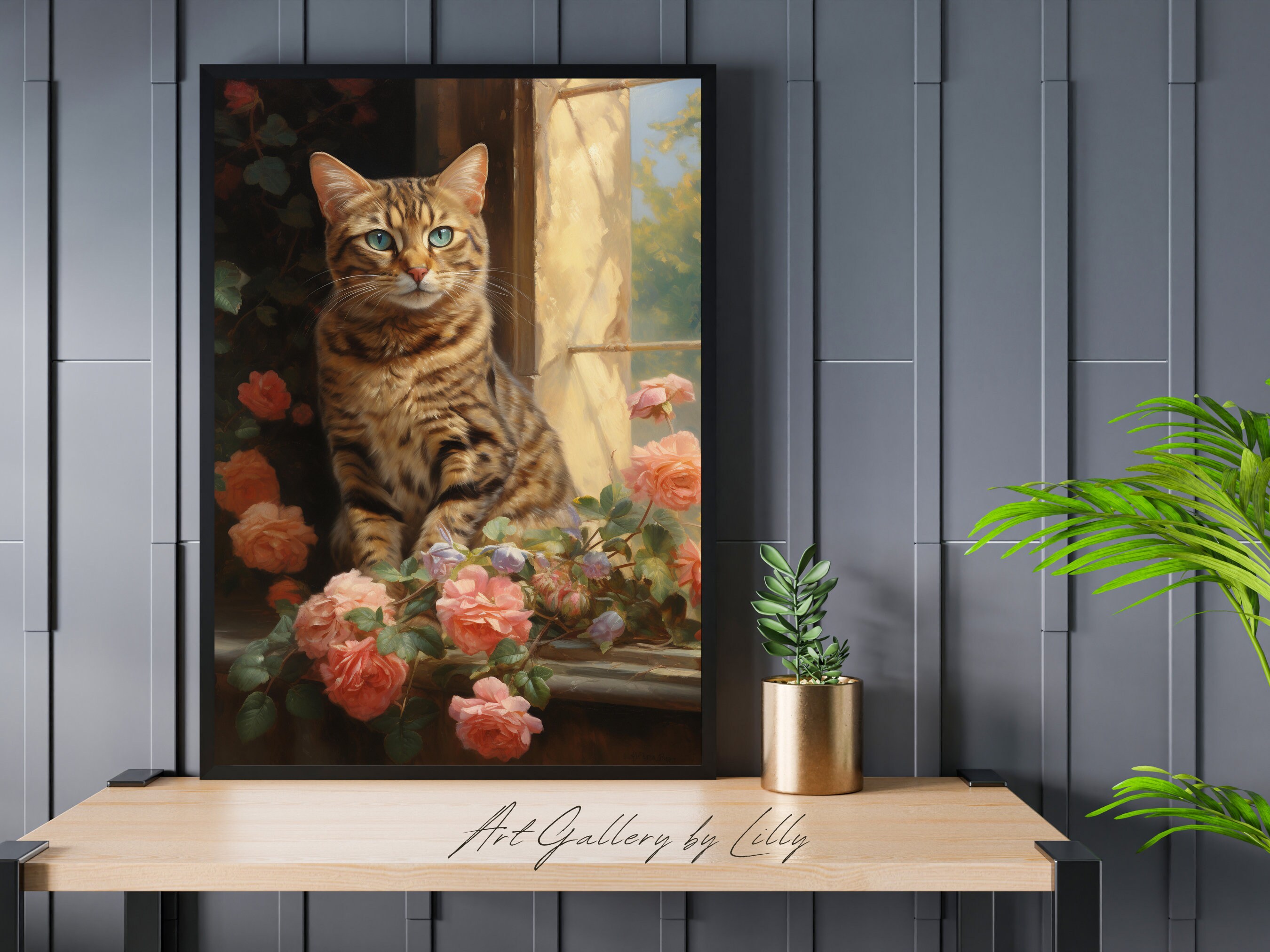Victorian Cat Art Printable, Vintage Feline Oil Painting, Elegant Cat Portrait, Floral ...