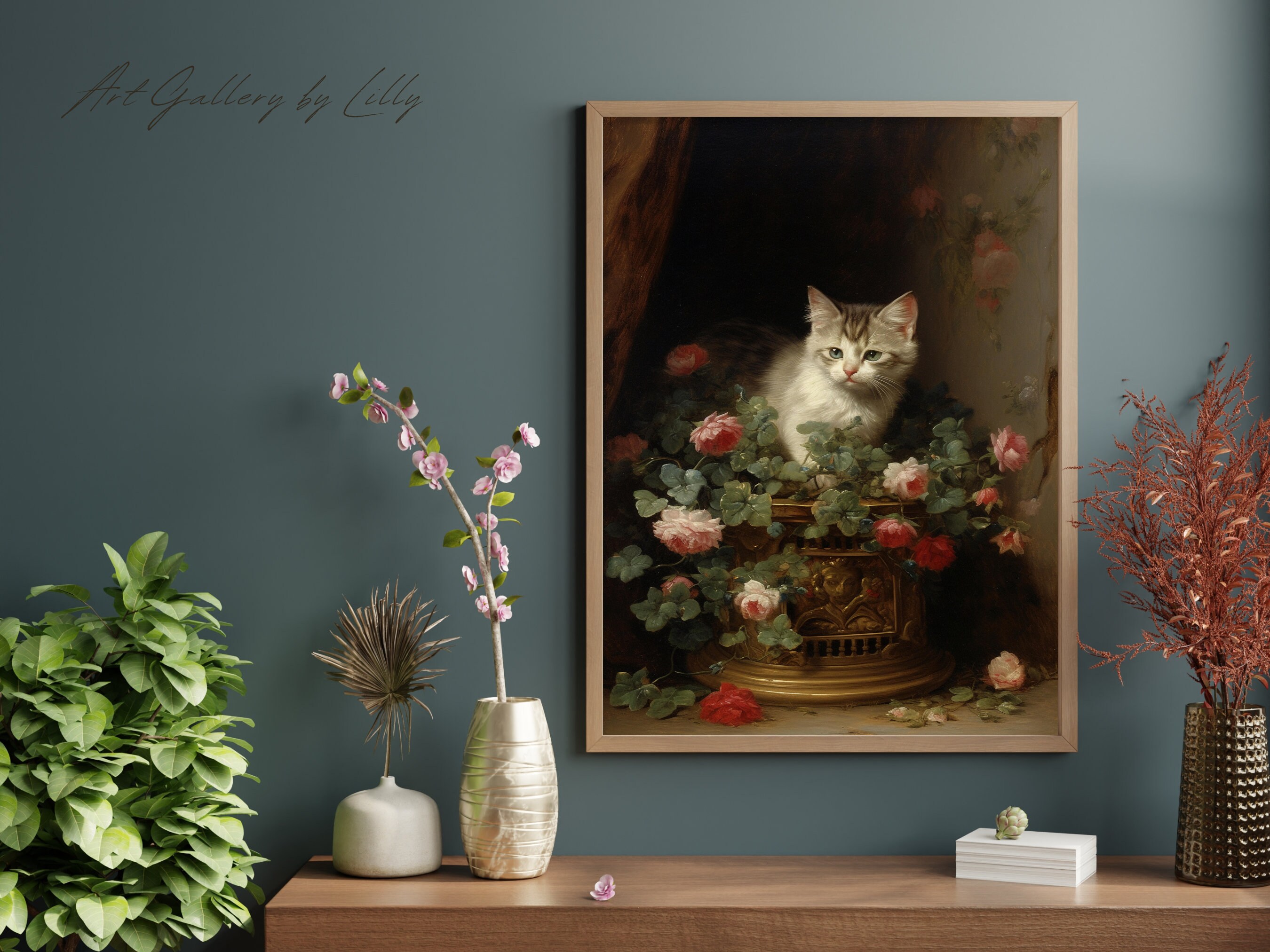 Victorian Cat Printable Antique Cat Art Floral Oil Painting Digital ...
