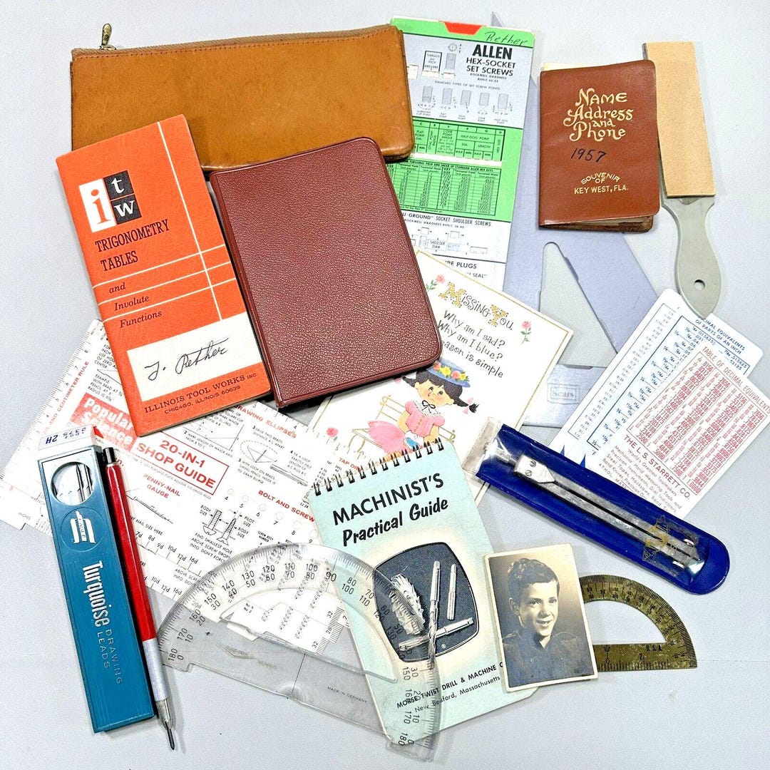 Machinists Desk Junk Drawer 1950s 1960s Trigonometry Tables Compass ...