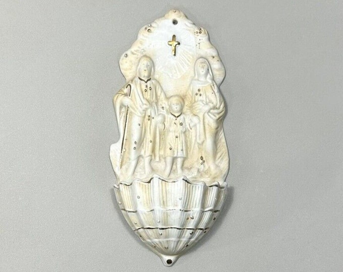 Antique Porcelain Bisque Holy Water Wall Font Hand Painted Holy Family ...