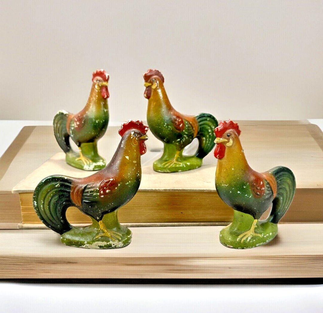 4 Vintage Ceramic Roosters Figurines 4 Inch Chippy Paint Primitive ...
