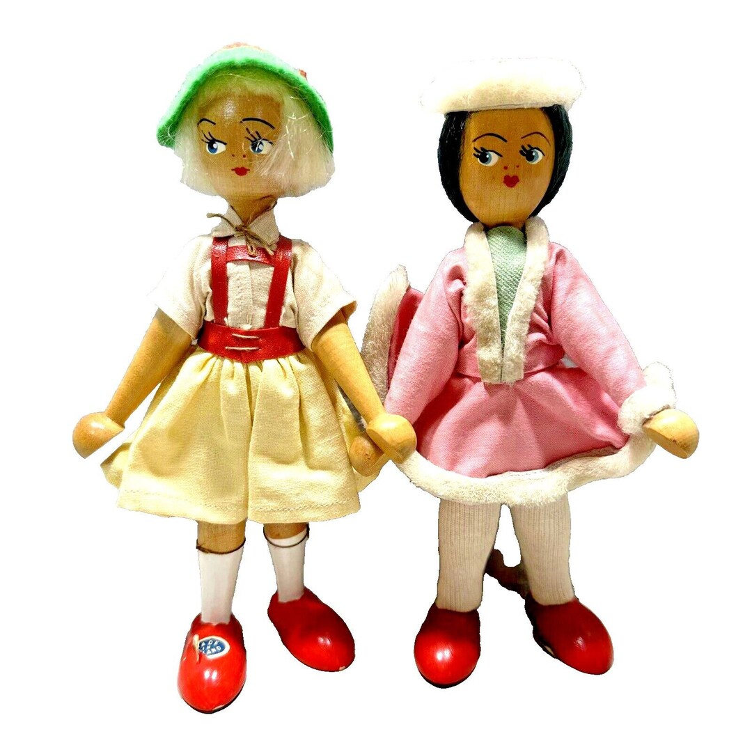 Wooden Polish Peg Dolls Pair One Blonde One Dark Hair Vintage Poland 7 ...