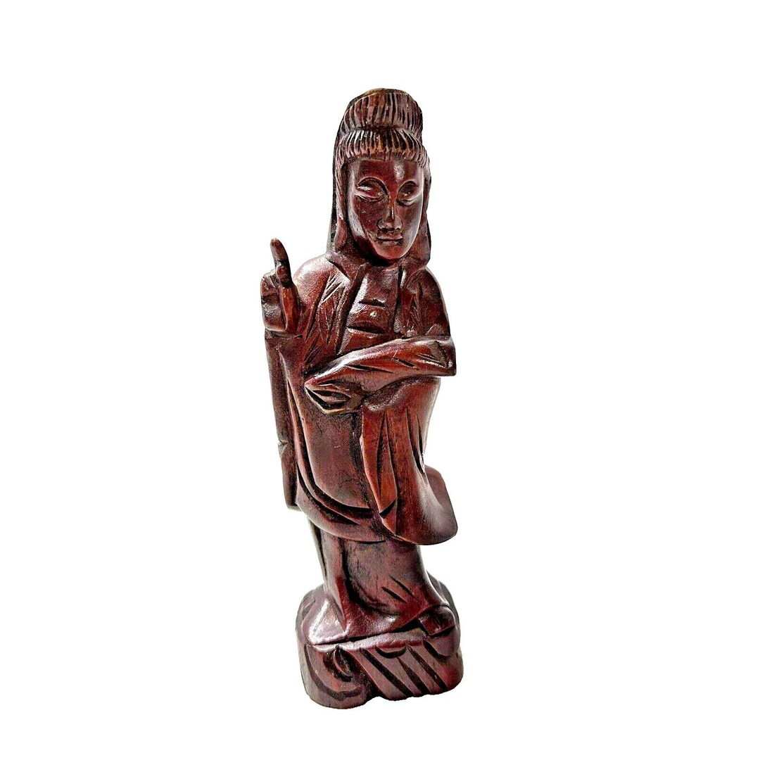 Kwan Lin Goddess of Mercy Figurine Chinese Hand Carved Wood Vintage ...