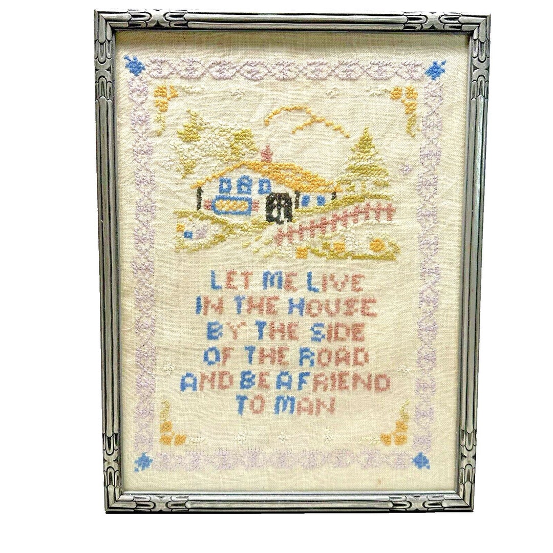 1920s Cross Stitch Sampler friend to Man Motto in Period Silver Wood ...