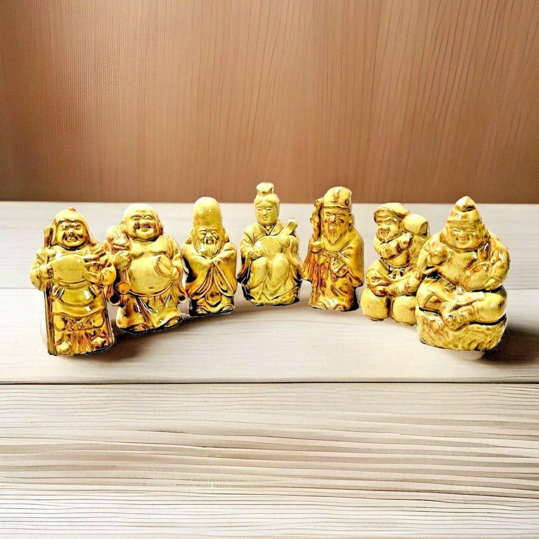 Seven Lucky Gods of Fortune Figurines Vintage Japanese Ceramic Complete ...