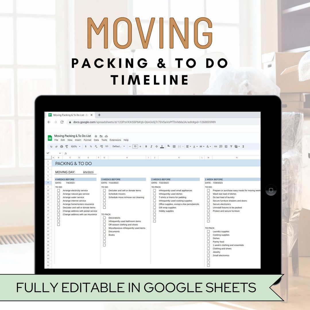 Moving Packing Checklist & Planner in Google Sheets Pre and Post-move ...