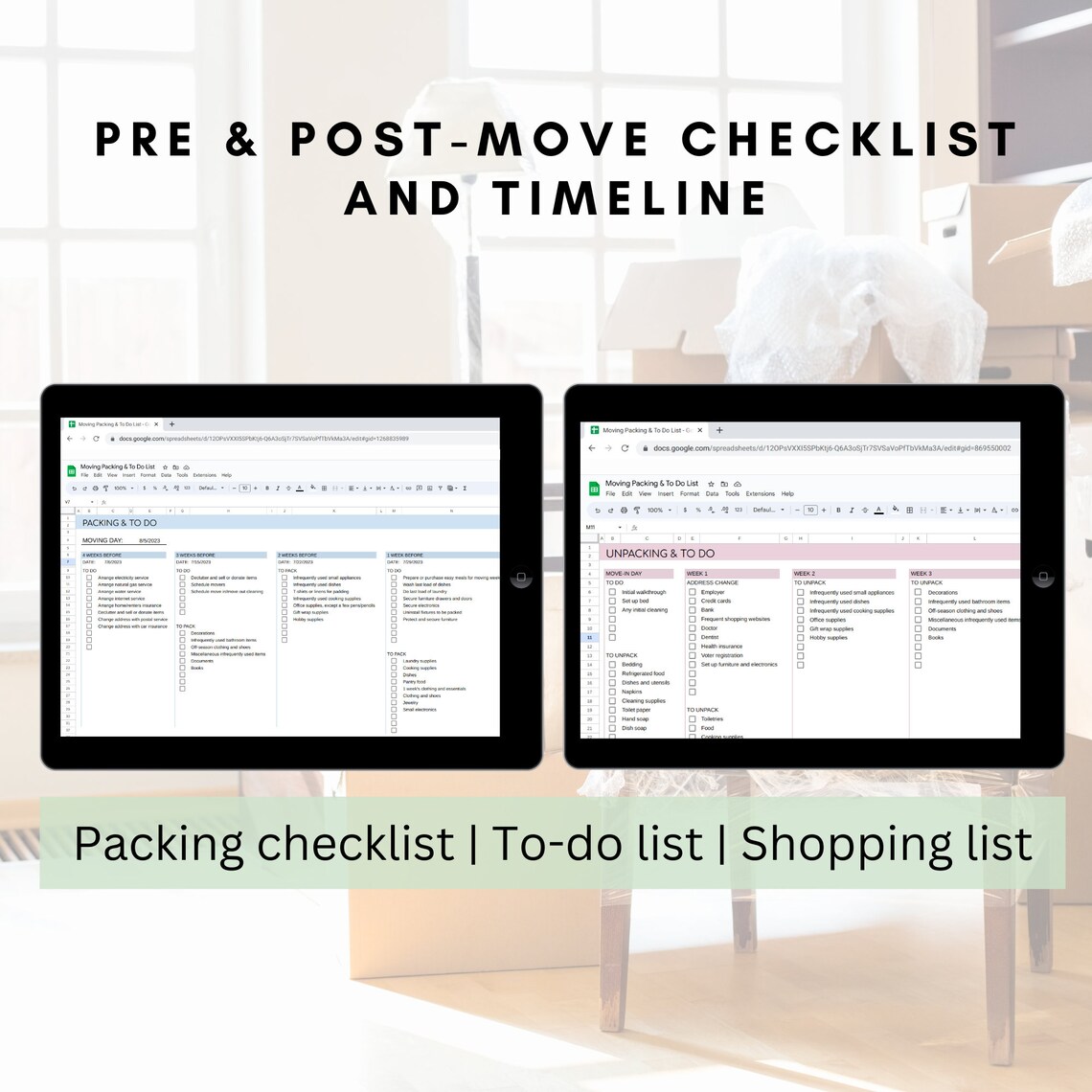 Moving Packing Checklist & Planner in Google Sheets Pre and Post-move ...