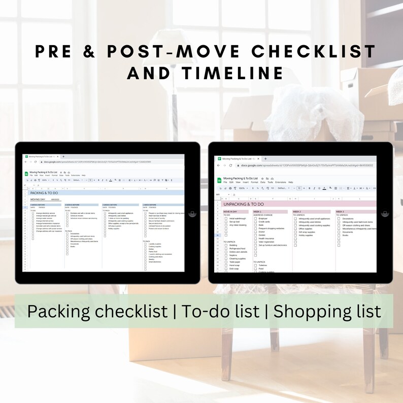 Moving Packing Checklist & Planner in Google Sheets Pre and Post-move ...