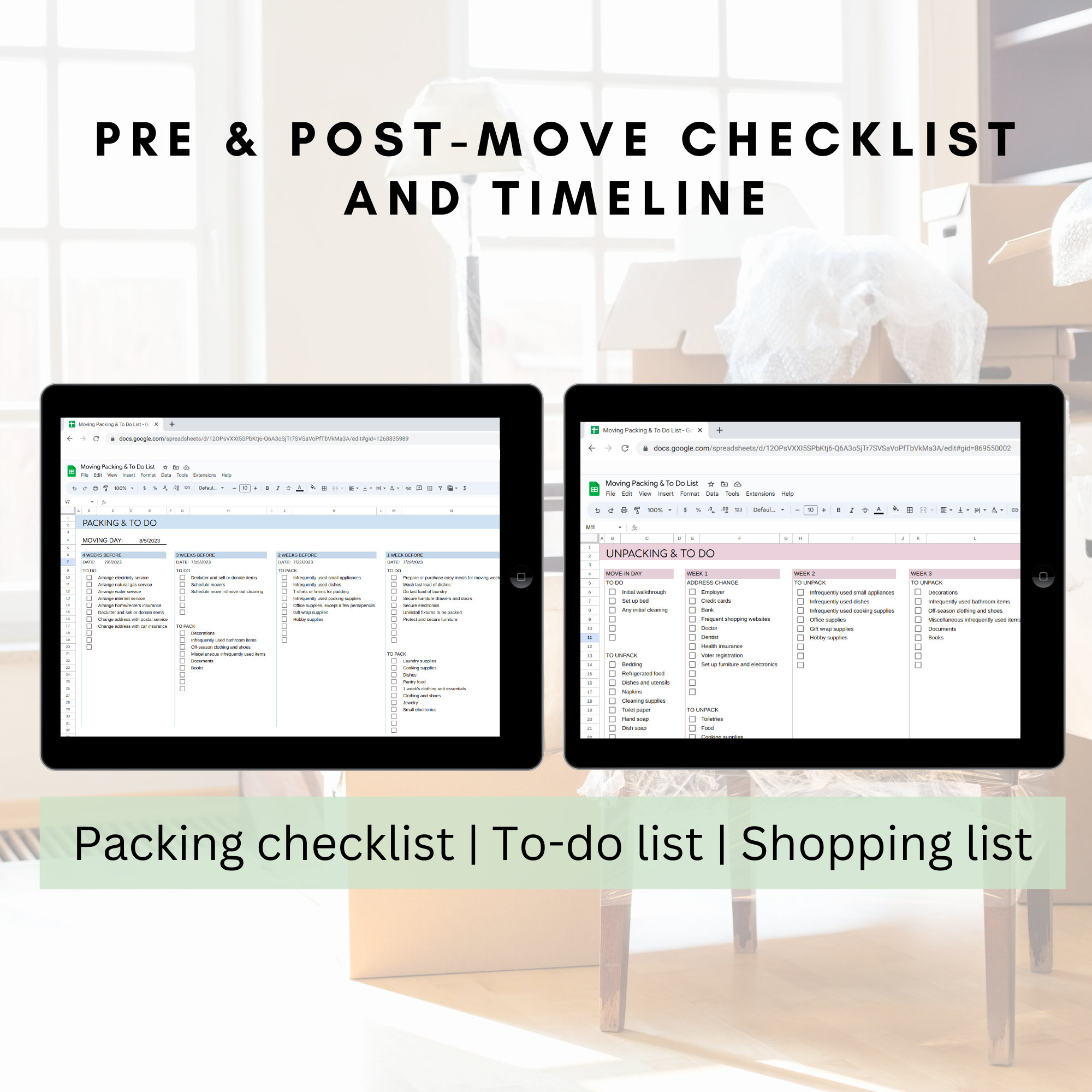 Moving Packing Checklist & Planner in Google Sheets Pre and Post-move ...
