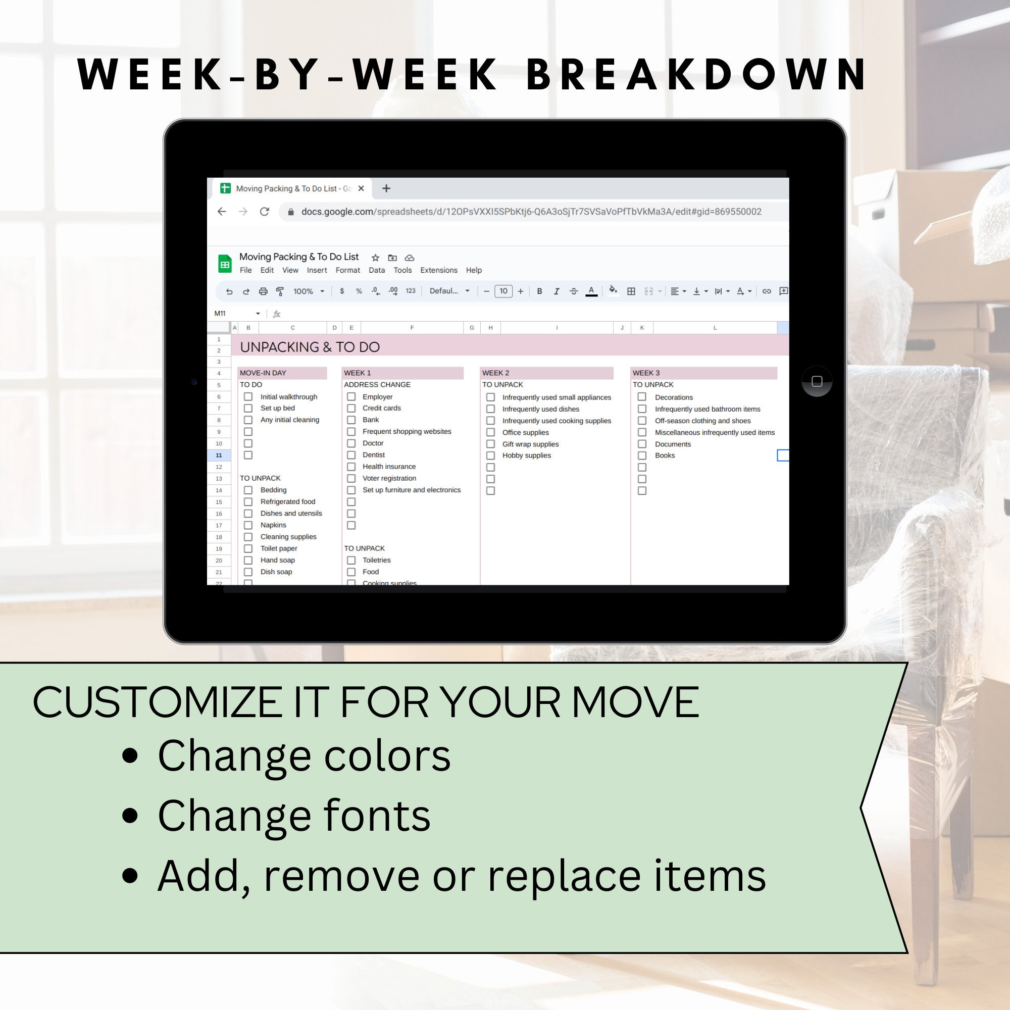 Moving Packing Checklist & Planner in Google Sheets Pre and Post-move ...