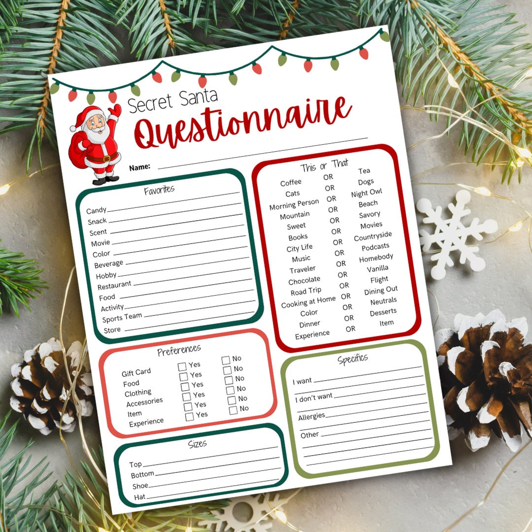 Secret Santa Questionnaire Printable Gift Form for Kids All About Me ...
