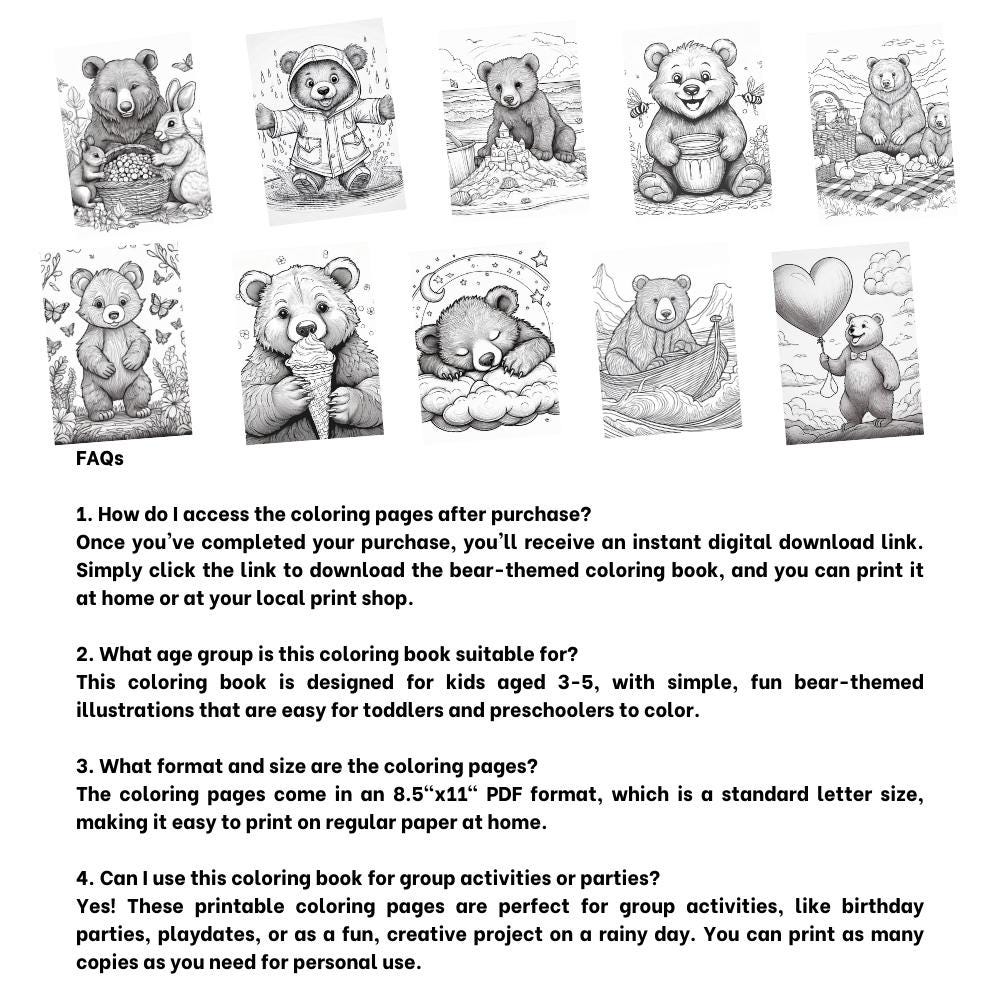 Adorable Bear Coloring Book for Kids Fun Bear Adventures Printable ...