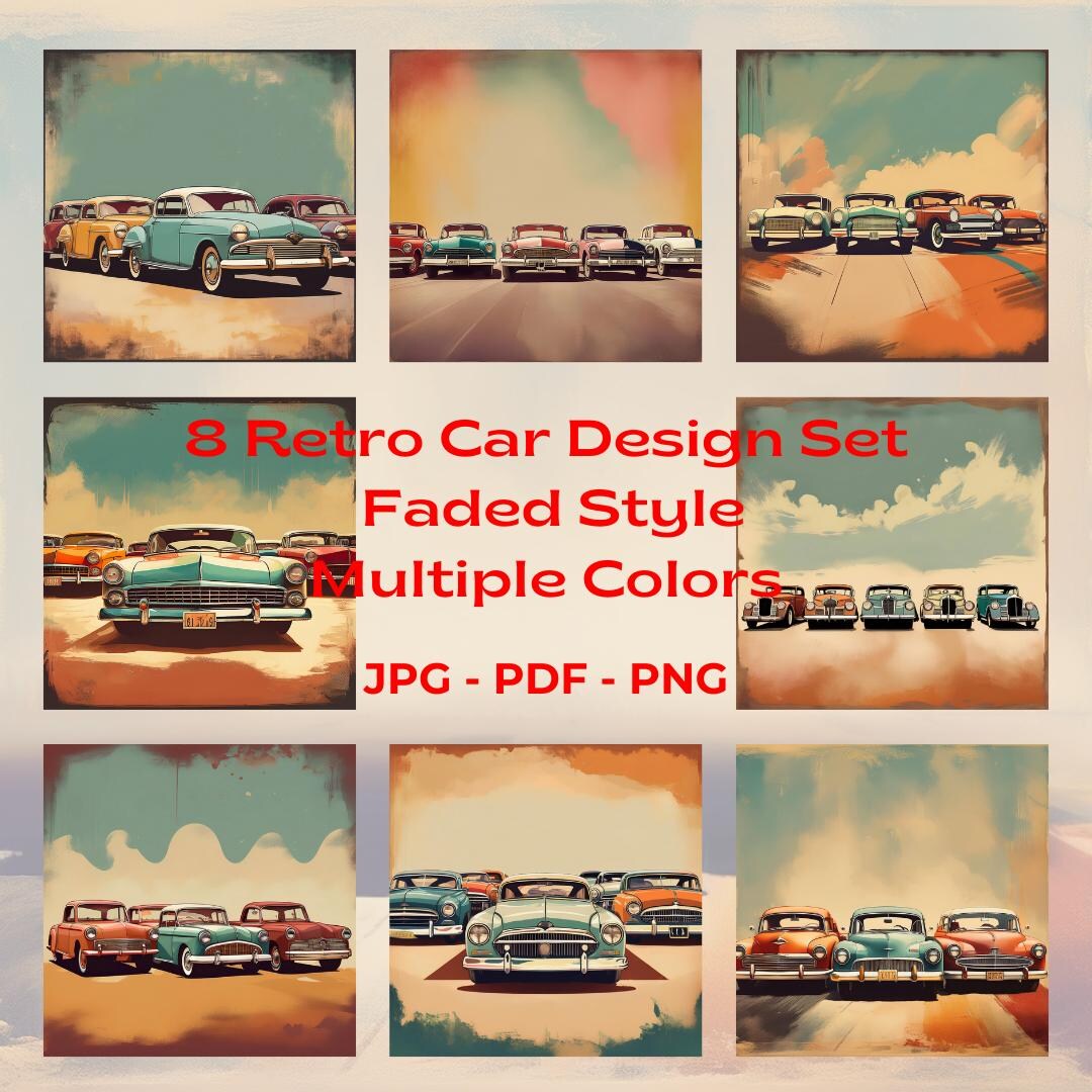 Retro Car Design Set Faded Style, Multiple Colors - Etsy