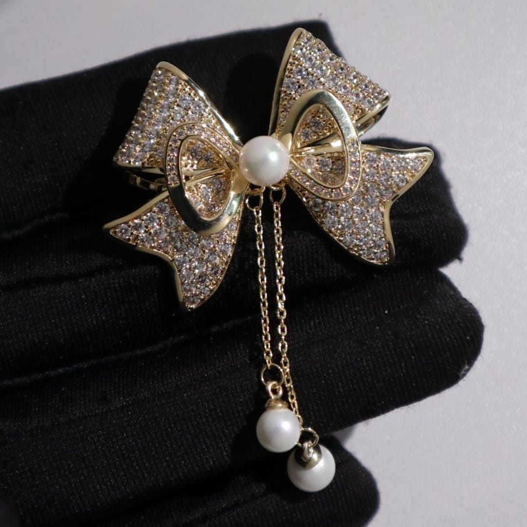Bow Brooch Gold Colour Pin Pearl Christmas Gift - Etsy