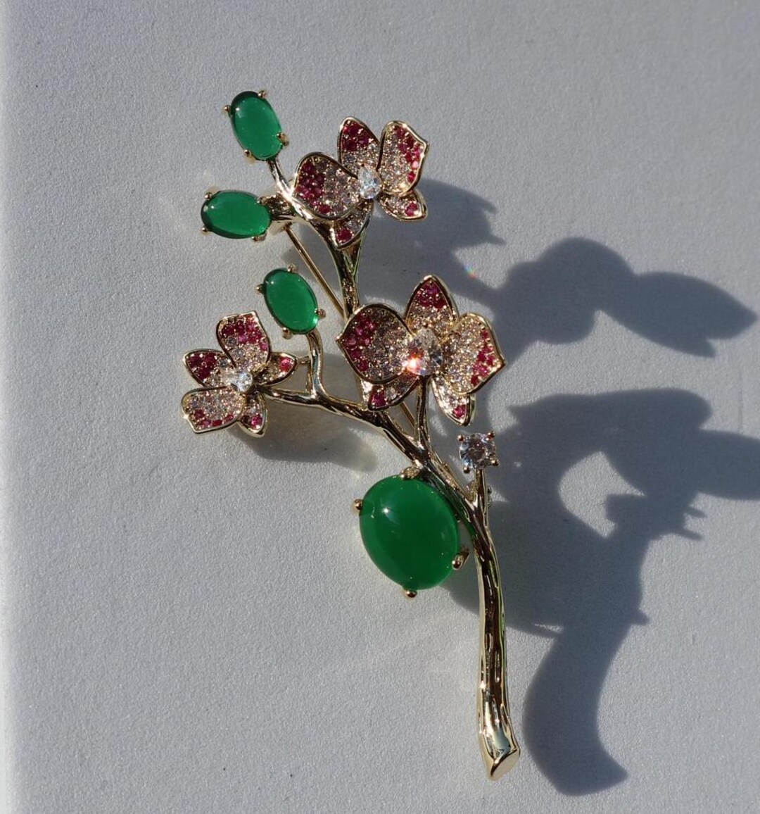 Phalaenopsis Flower Brooch: Green Stone & Zircon Orchid Pin - Etsy