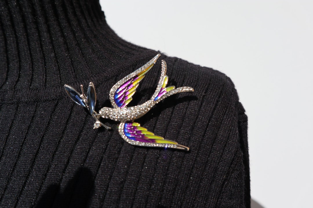 Purple Color Enamel Swallow Brooches for Women Bird Pin Olive Branch ...