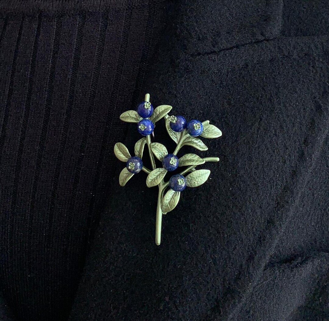 Blueberry Brooch Pin: Brass Leaf With Zircon Berries - Etsy