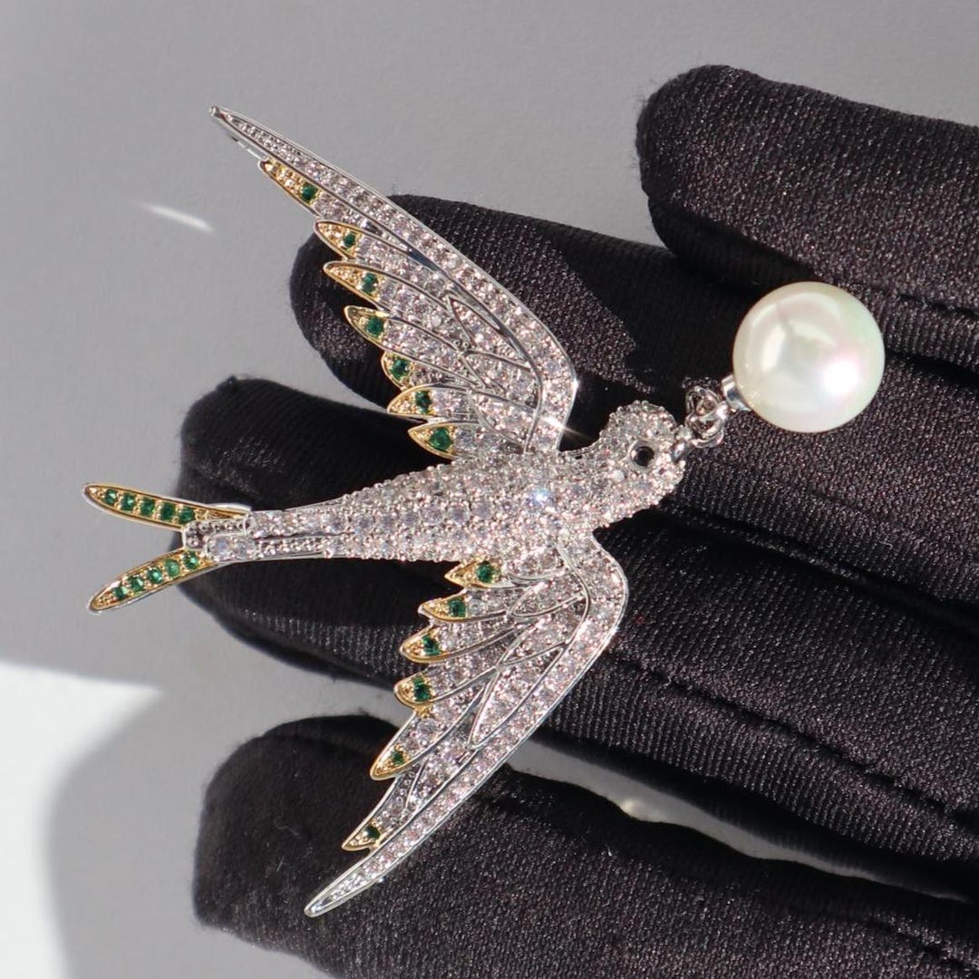 Cubic Zirconia Flying Bird Pearl Brooch: Silver Color Pin Jewelry - Etsy
