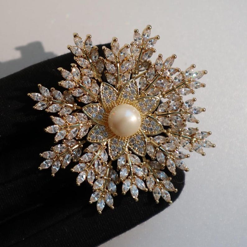 Snowflake Brooch Gold Colour Pin Pearl Christmas Gift - Etsy UK