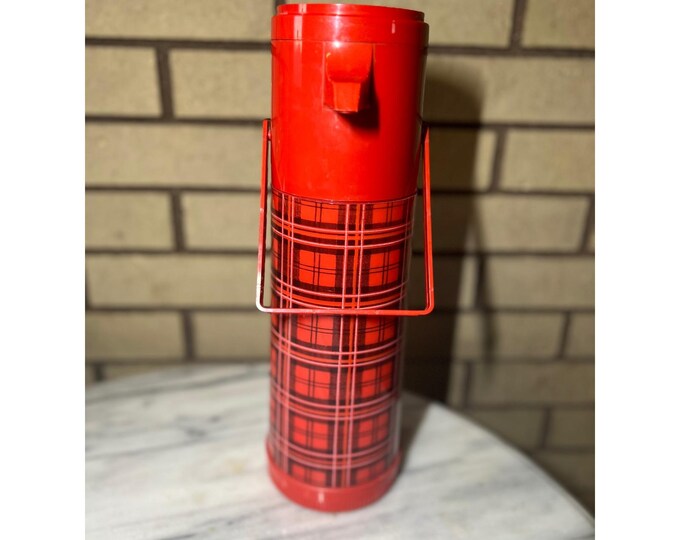 VTG Red Plaid Aladdin Pump A Drink Quart Thermos Carafe Coffee Tea Hot ...
