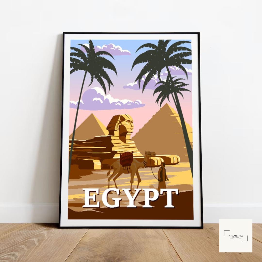 Egypt Pyramids Framed Travel Poster Vintage Desert Art, Sphinx ...