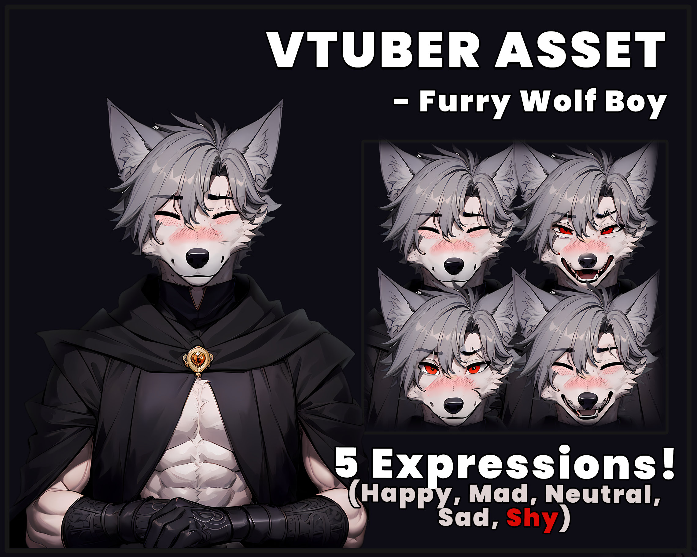 PNGTUBER Furry Wolf Boy 5 Expressions Premade Male - Etsy UK
