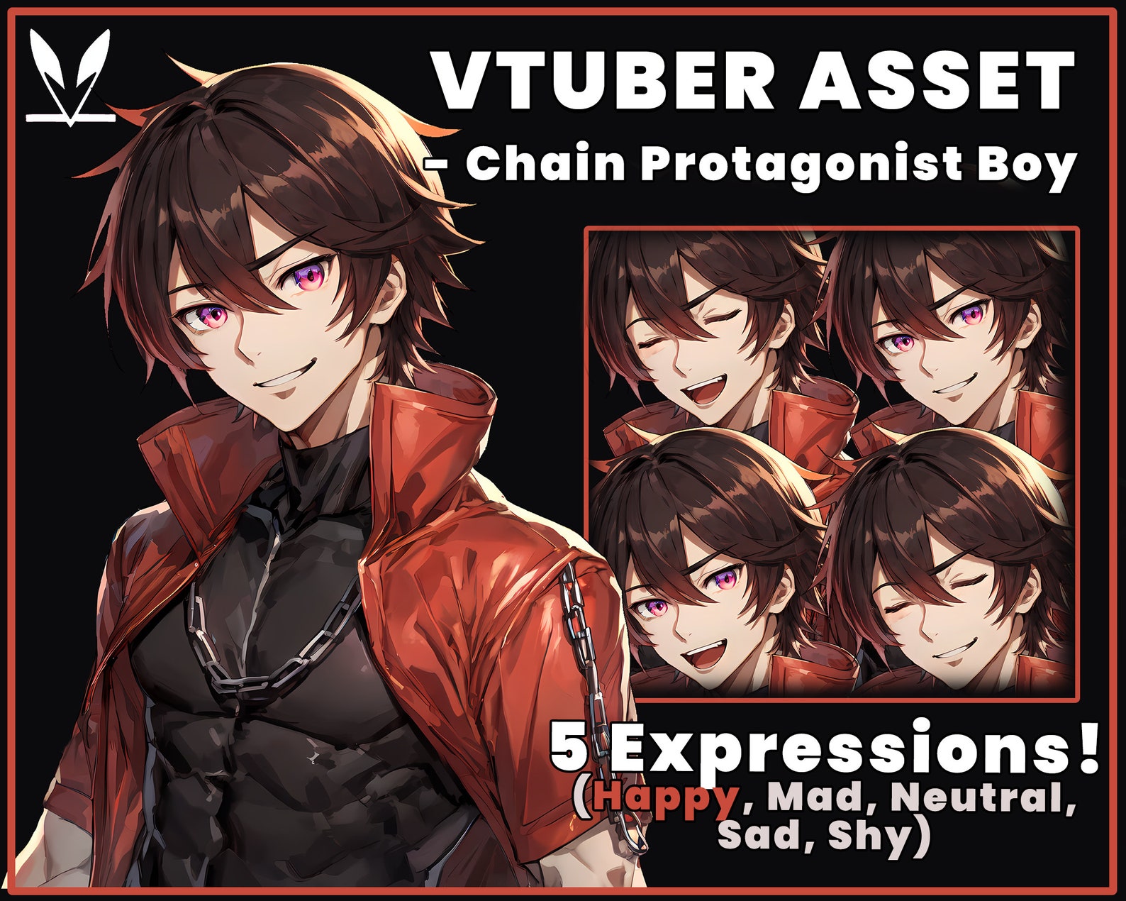 Pngtuber Chain Protagonist Boy 2D Premade Model With 5 Emotions for ...
