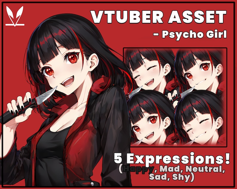 Pngtuber Psycho Girl 2D Premade Model With 5 Emotions for Streaming ...