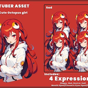 Pngtuber - Cute Octopus Girl | 4 Expressions | Animal Model | Streamer ...