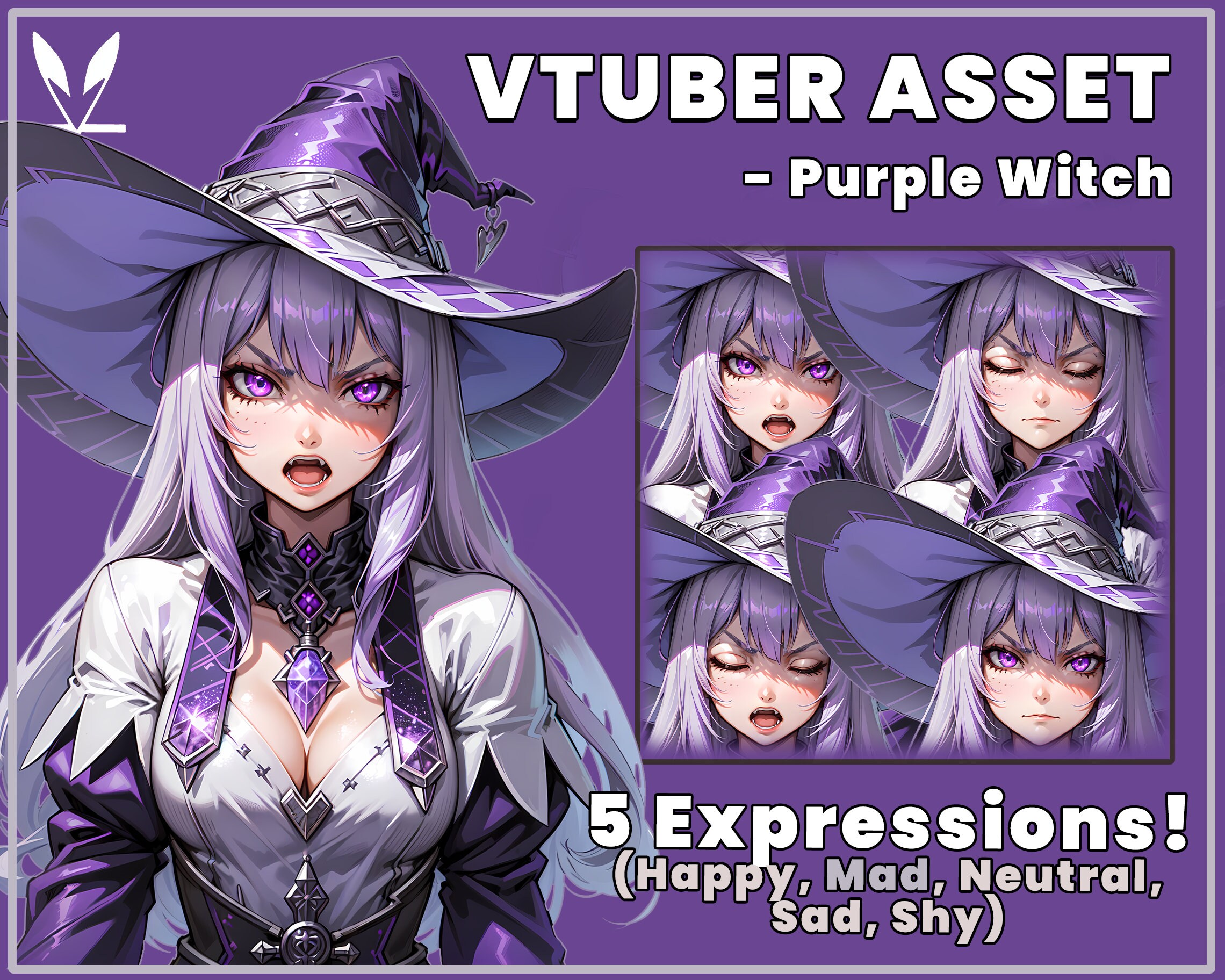 Pngtuber Purple Witch 2D Premade Model With 5 Emotions for Streaming ...