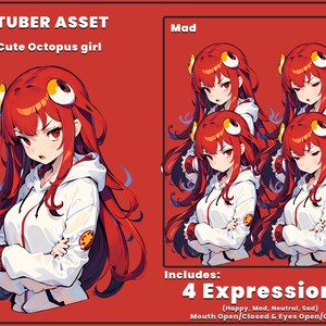 Pngtuber - Cute Octopus Girl | 4 Expressions | Animal Model | Streamer ...