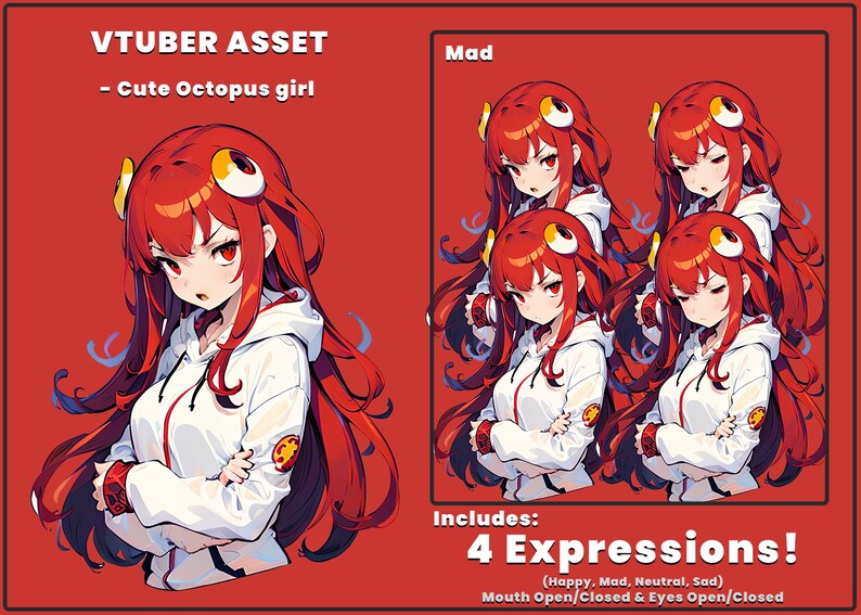 Pngtuber - Cute Octopus Girl | 4 Expressions | Animal Model | Streamer ...