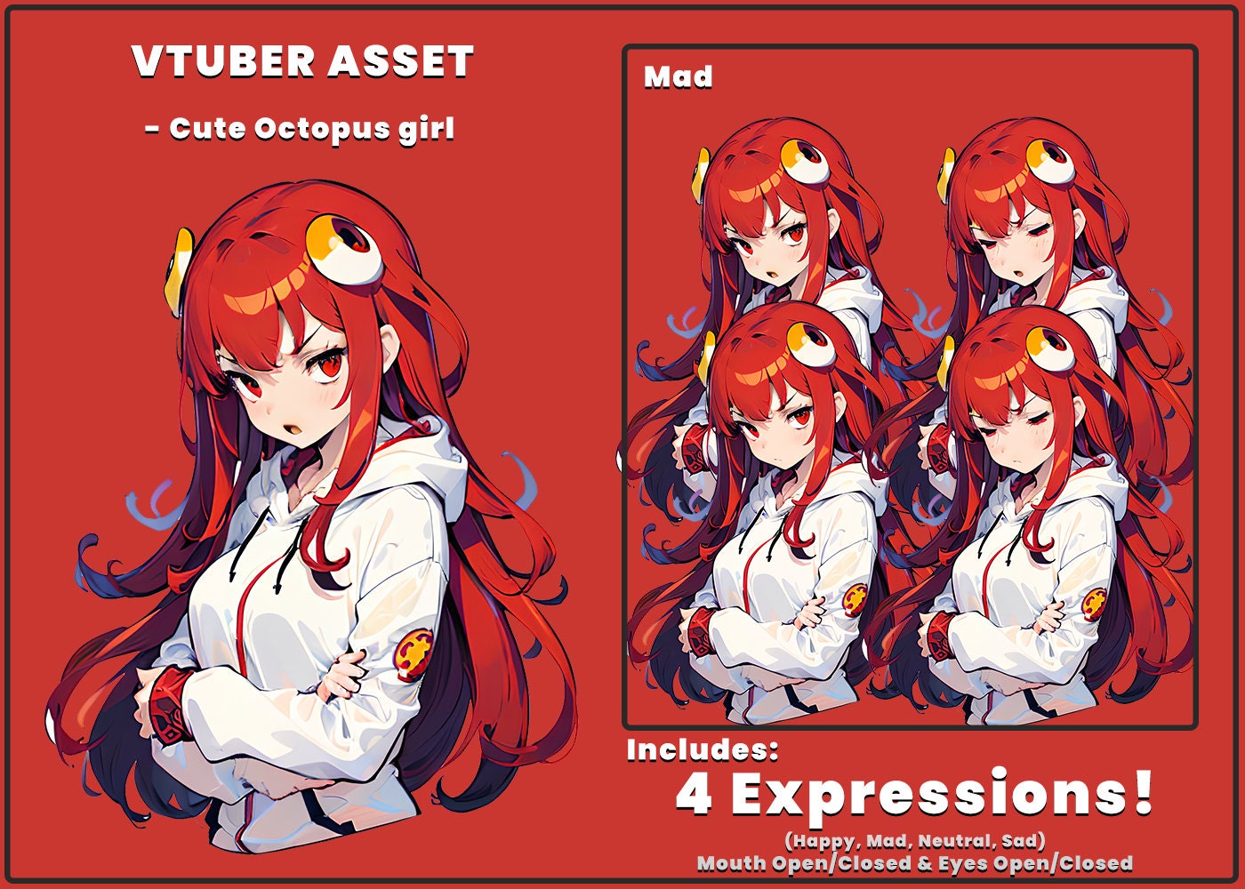 Pngtuber - Cute Octopus Girl | 4 Expressions | Animal Model | Streamer ...