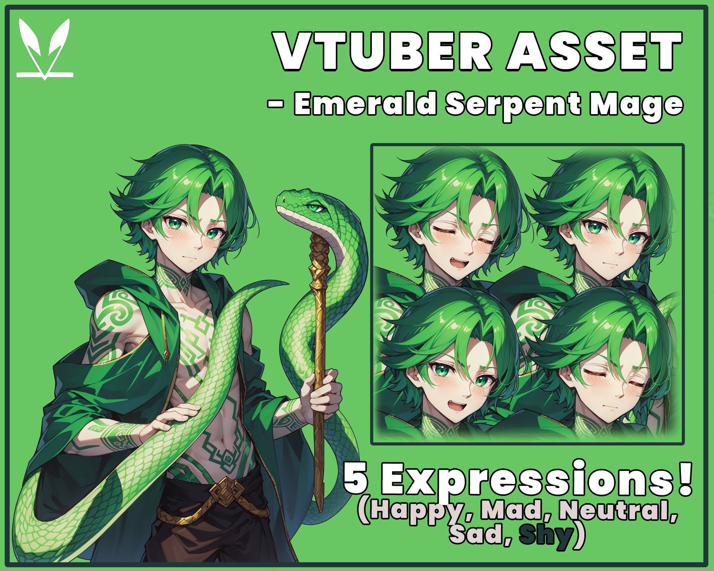 Pngtuber Emerald Serpent Mage Boy With 5 Emotions Premade Pngtuber Male ...