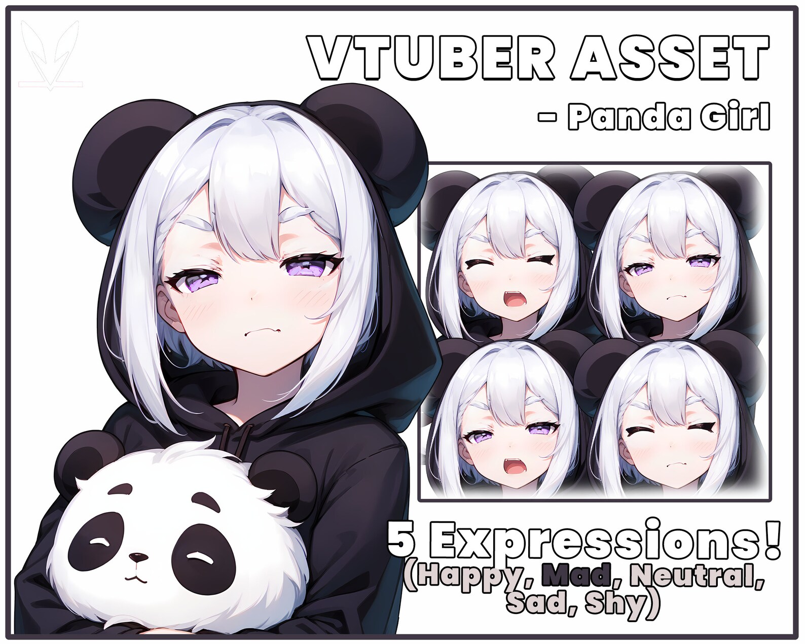 Pngtuber Panda Girl 2D Premade Model With 5 Emotions for Streaming ...