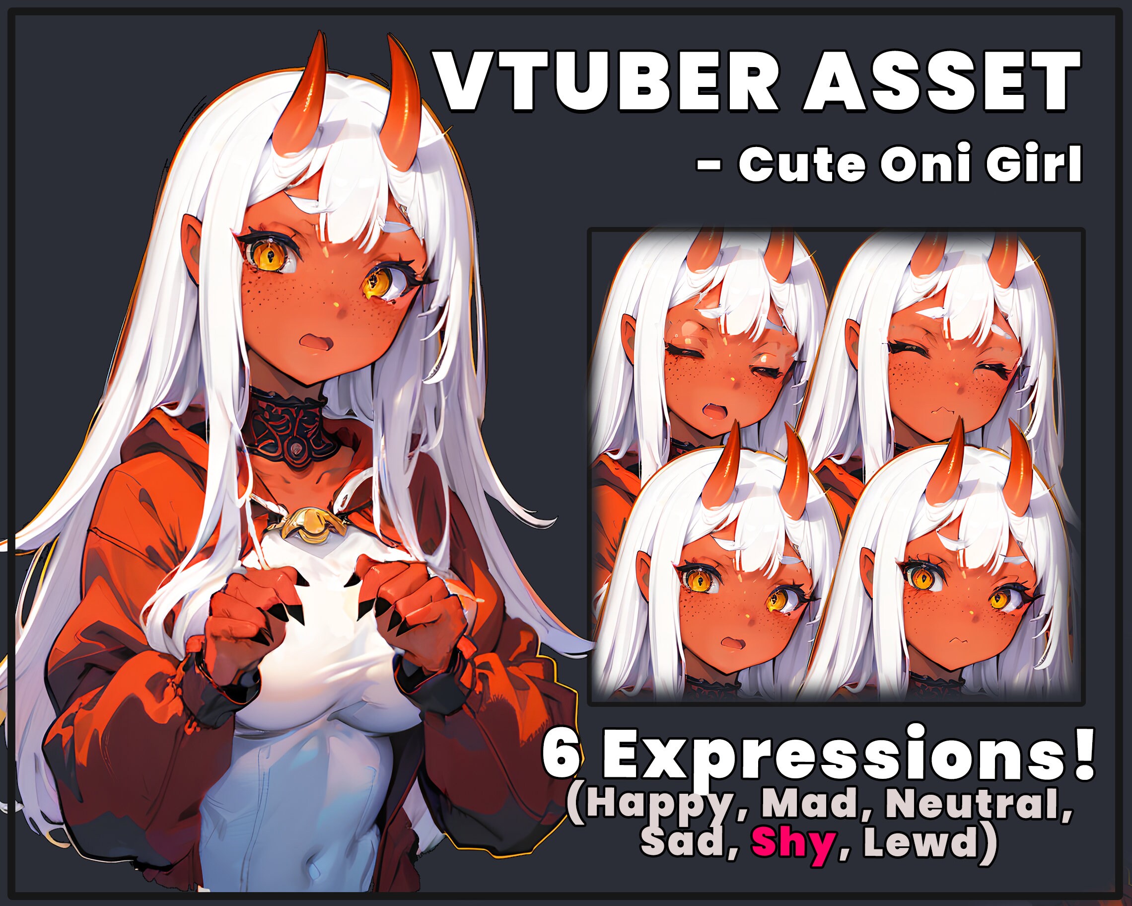 Pngtuber - Cute Oni Girl | 6 Expressions | Demon Premade Pngtuber Girl Png Model Asset ...