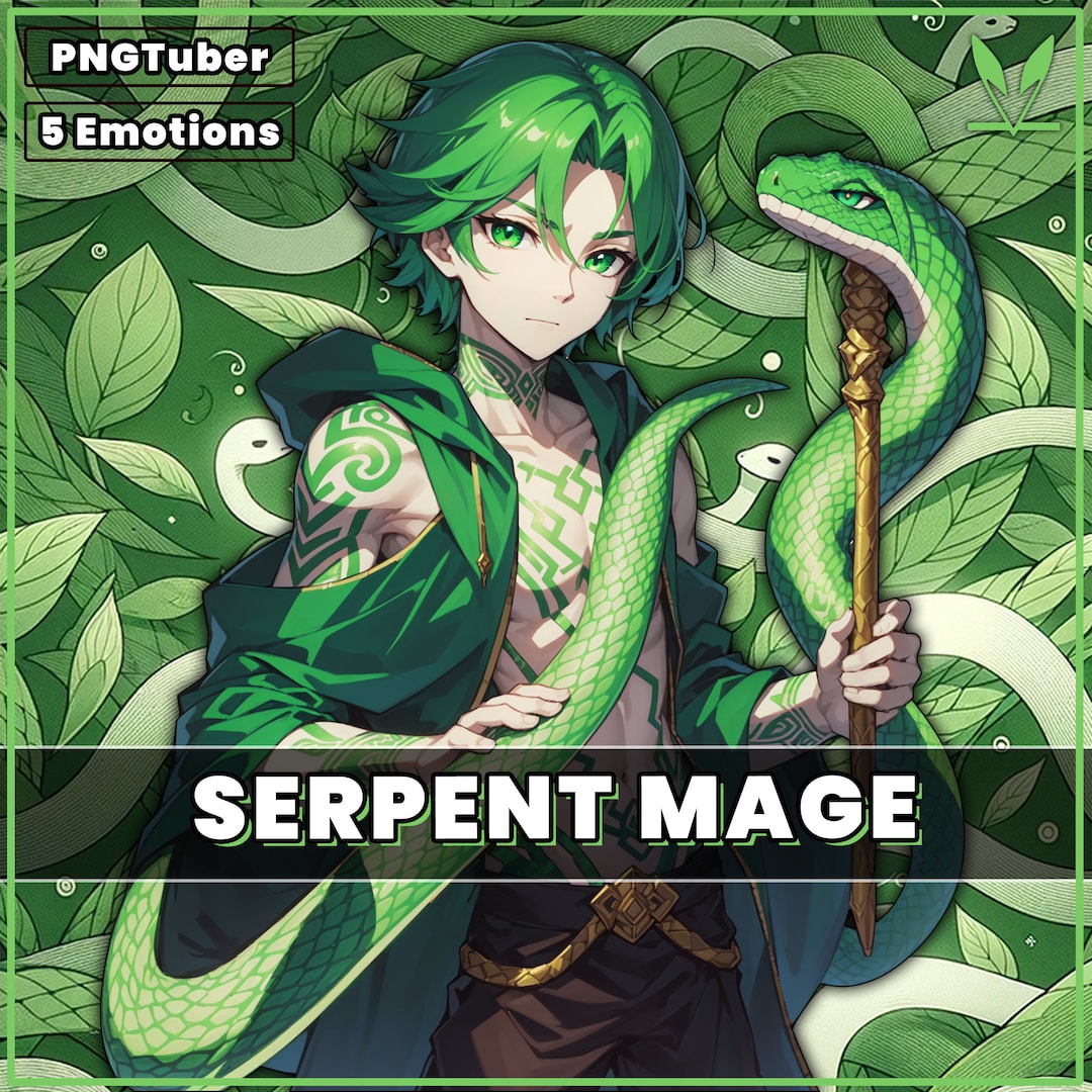 Pngtuber Emerald Serpent Mage Boy With 5 Emotions Premade Pngtuber Male ...