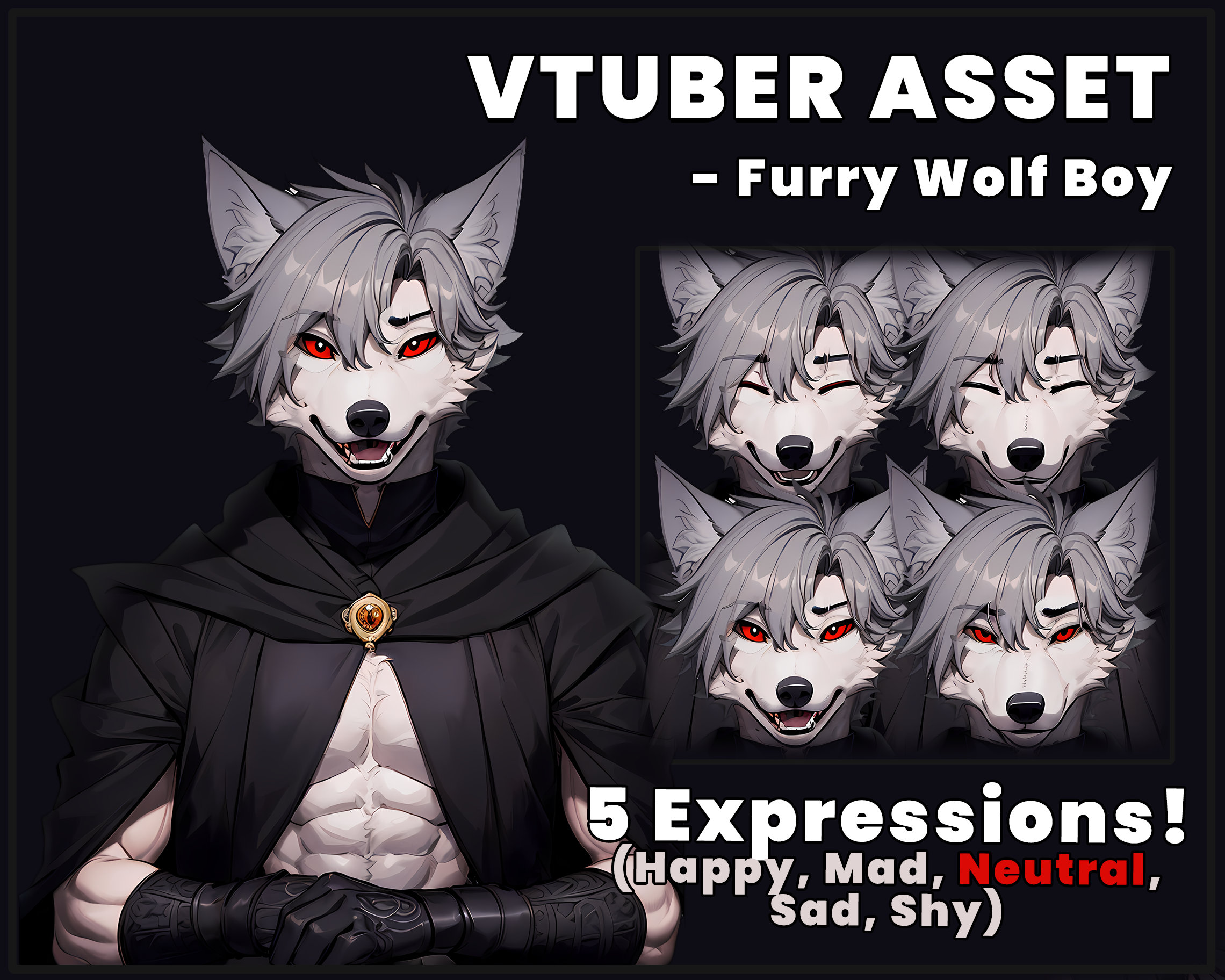 PNGTUBER Furry Wolf Boy 5 Expressions Premade Male - Etsy UK