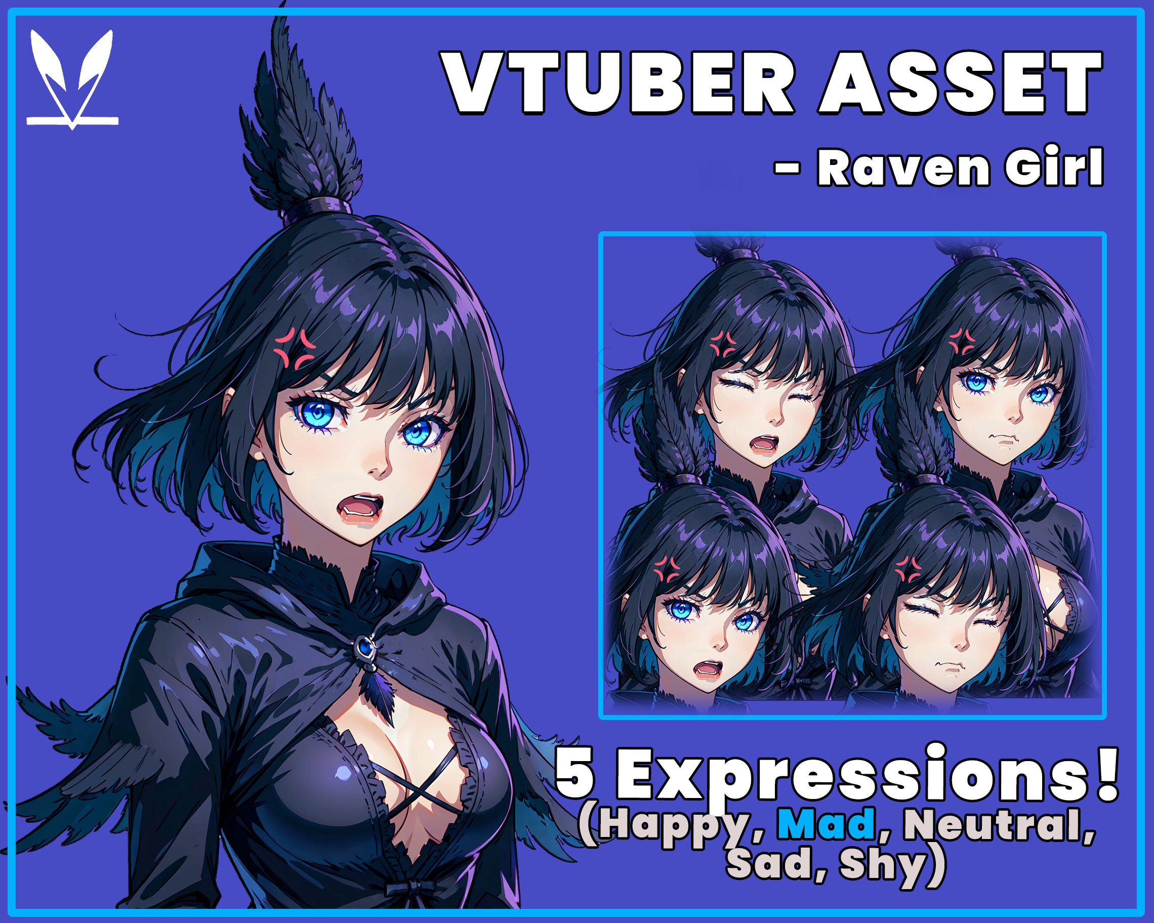 Pngtuber Raven Girl 2D Premade Model With 5 Emotions for Streaming ...