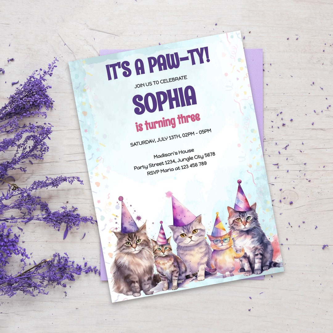 Editable Cat Birthday Party Invitation Kitten Birthday Invite - Etsy
