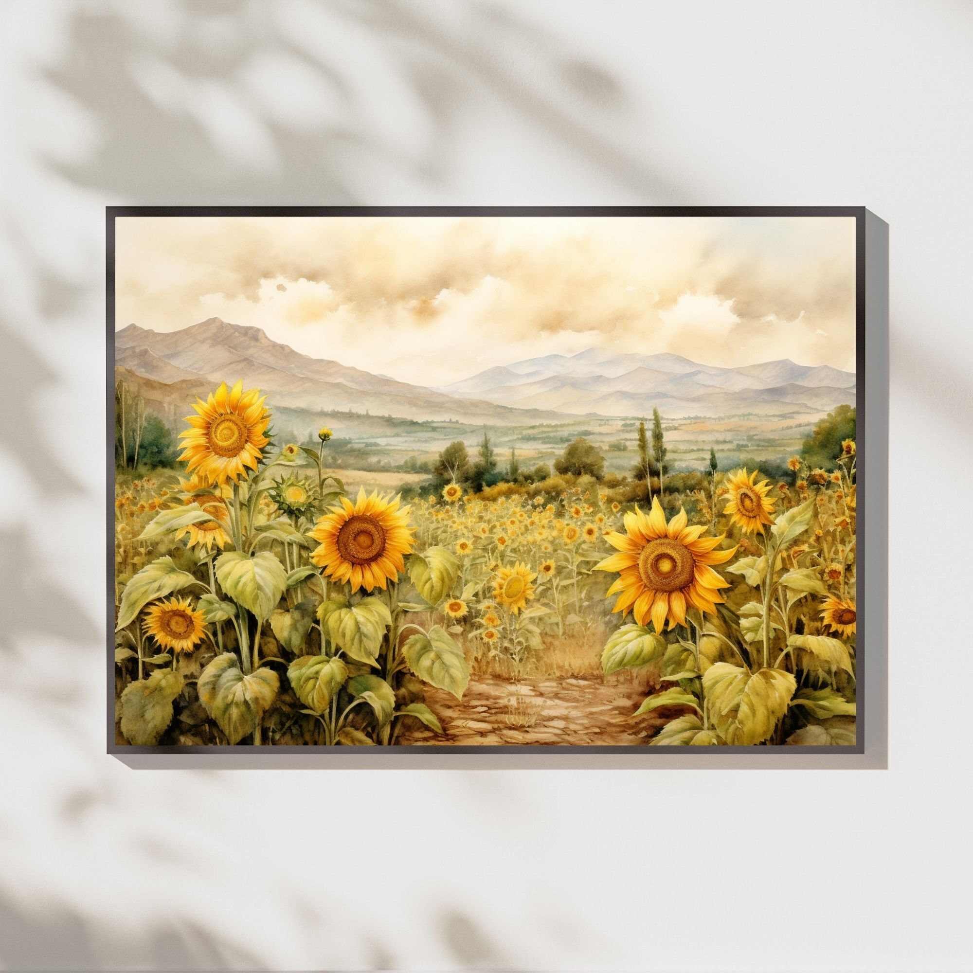 Sunflower Field Print Watercolor Landscape Painting - Etsy