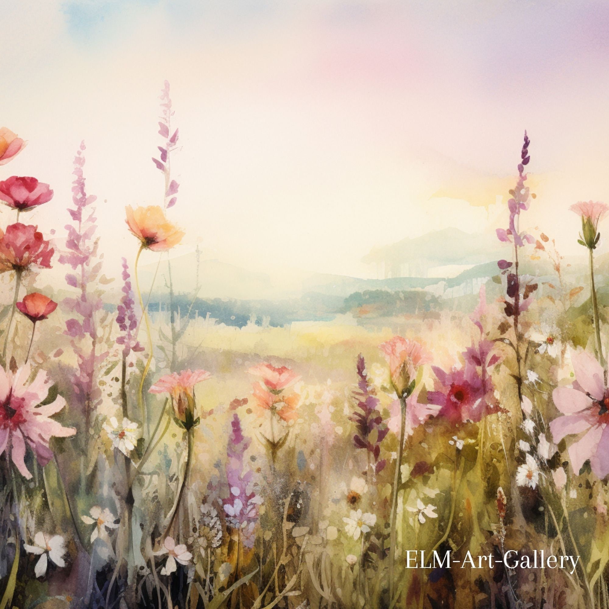Wildflower Field Print, Watercolor Landscape Painting, Farmhouse Décor ...